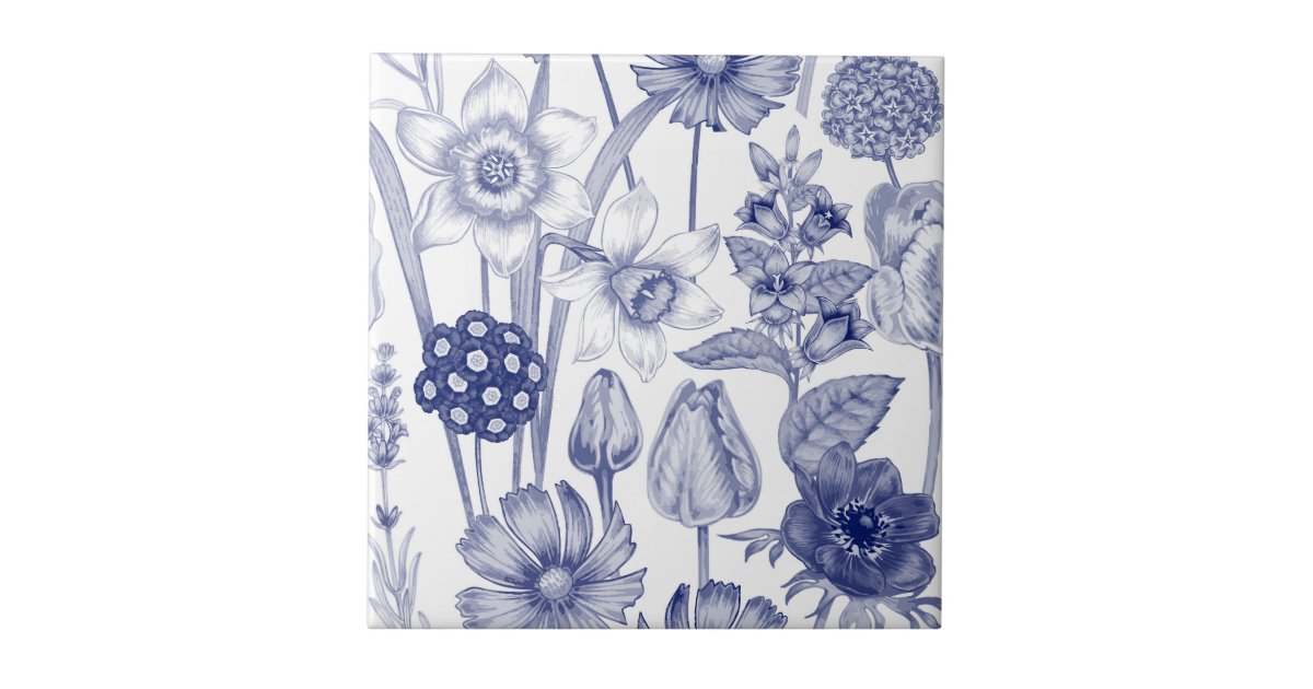 Elegant blue white vintage floral pattern tile | Zazzle