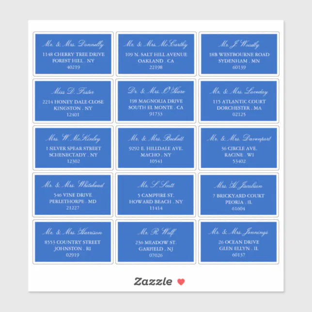 Elegant Blue & White Wedding Individual Address Sticker | Zazzle