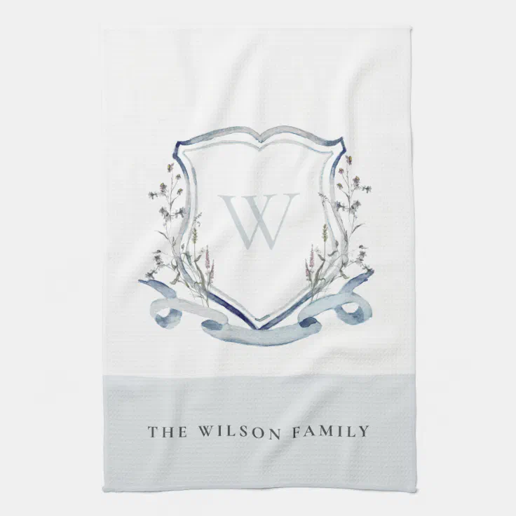 Elegant Blue Wildflower Watercolor Monogram Crest Kitchen Towel | Zazzle
