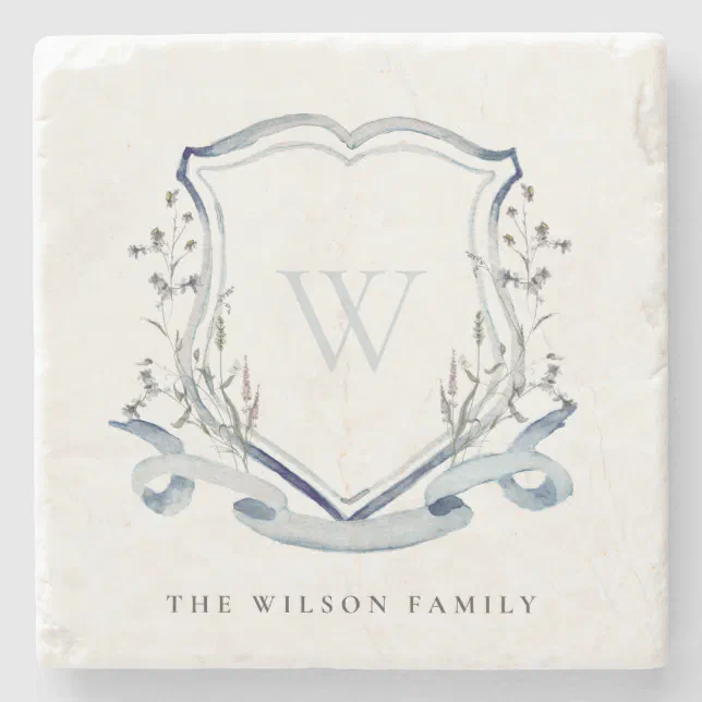 Elegant Blue Wildflower Watercolor Monogram Crest Stone Coaster | Zazzle