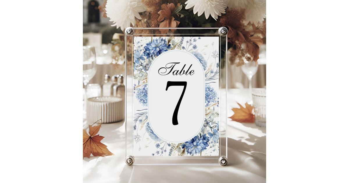 Elegant Blue Wildflowers Watercolor Floral Wedding Table Number | Zazzle