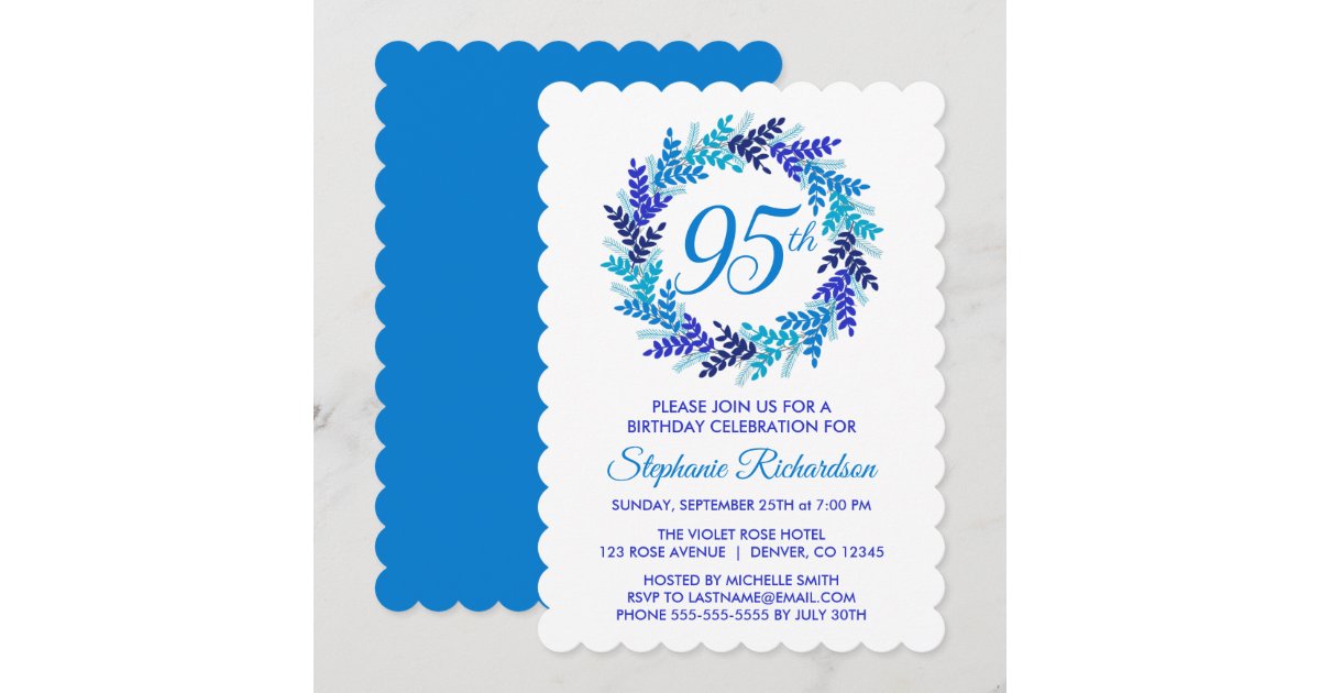 Elegant Blue Wreath 95th Birthday Party Invitation | Zazzle
