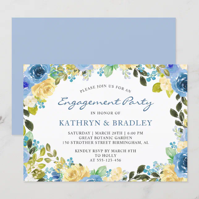 Elegant Blue Yellow Floral Engagement Party Card | Zazzle