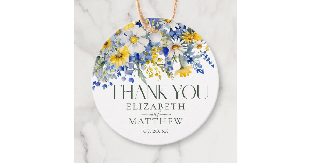 Elegant Blue Yellow Wildflowers Wedding Thank You Favor Tags | Zazzle