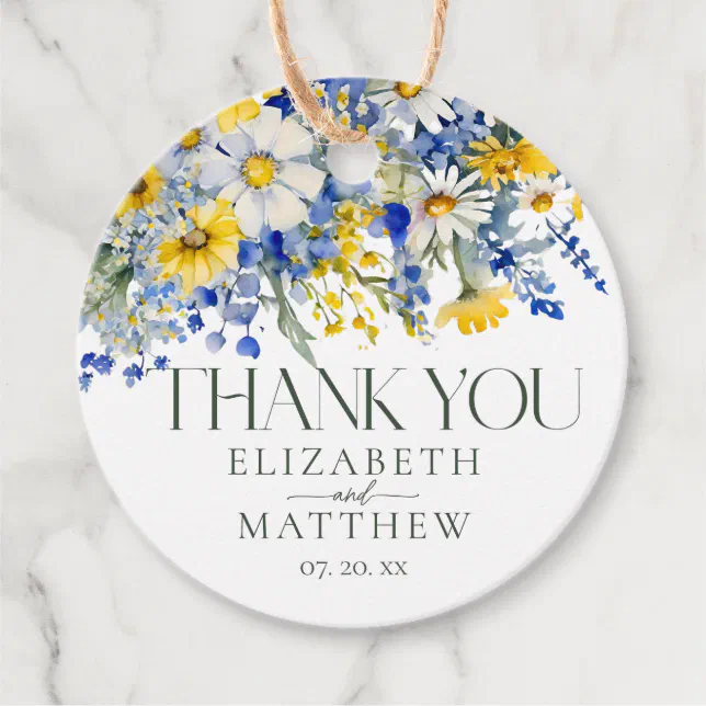 Elegant Blue Yellow Wildflowers Wedding Thank You Favor Tags | Zazzle