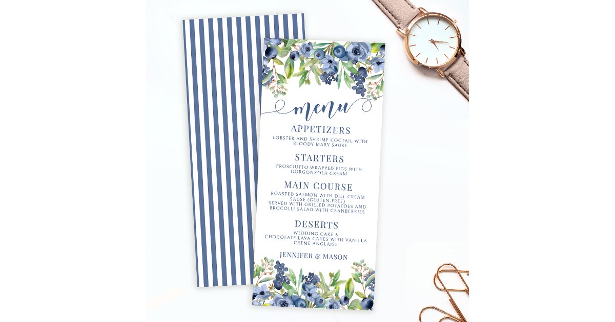 Elegant blueberry floral wedding menu cards | Zazzle