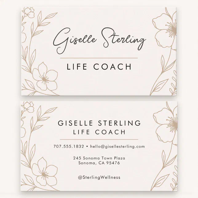 Elegant Blush and Black Botanical Life Coach Business Card | Zazzle