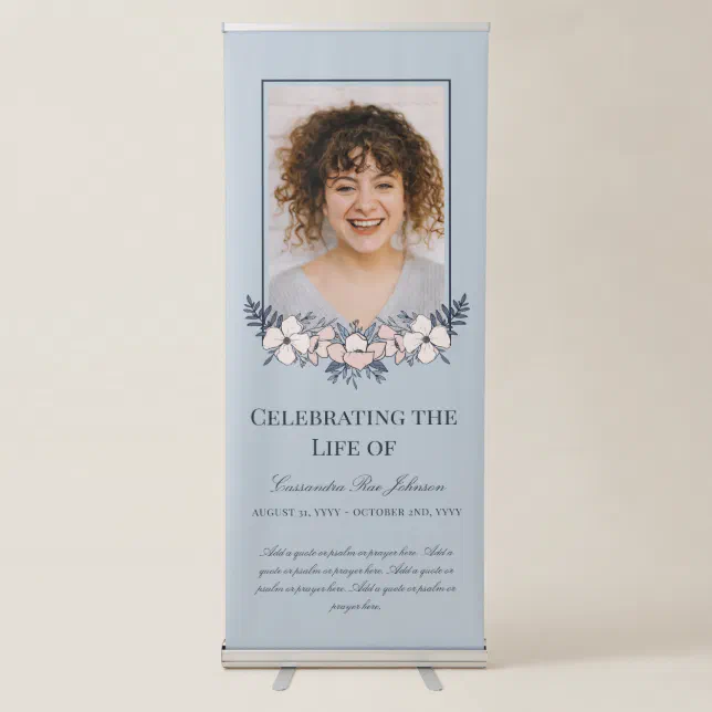Elegant Blush Blue Flowers Photo Memorial Funeral Retractable Banner ...