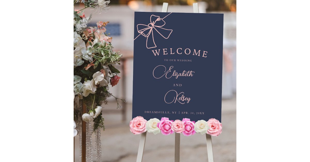 Elegant Blush Bow Slate Blue Wedding Welcome sign | Zazzle