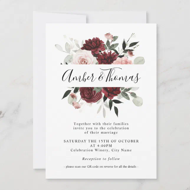 Elegant Blush Burgundy & Blush Floral Wedding Inv Invitation | Zazzle