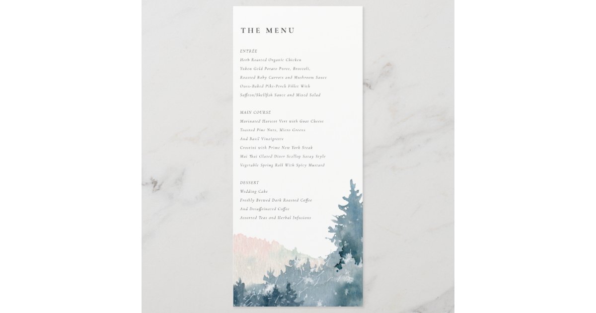 ELEGANT BLUSH DUSKY BLUE MOUNTAINS PINE WEDDING MENU | Zazzle
