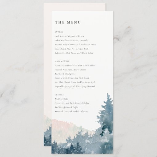 ELEGANT BLUSH DUSKY BLUE MOUNTAINS PINE WEDDING MENU | Zazzle