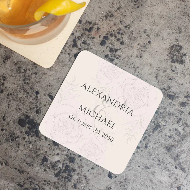 Elegant Blush Floral Calligraphy Script Ampersand Square Paper Coaster | Zazzle