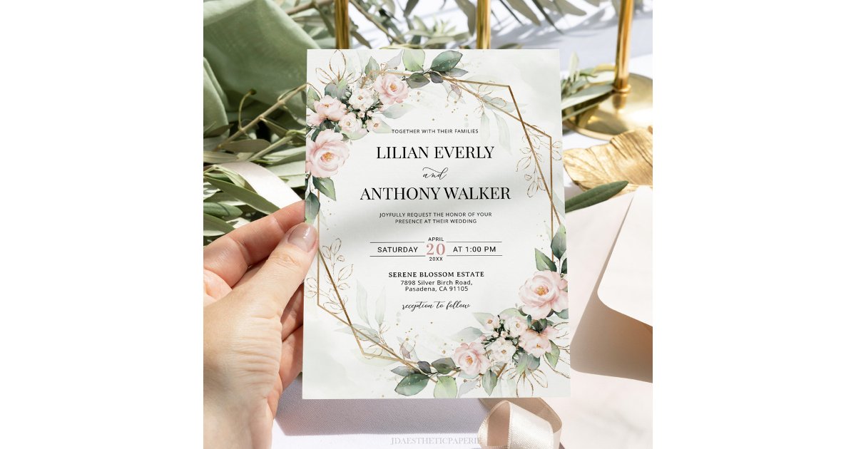 Elegant Blush Floral Geometric Wedding Invitation | Zazzle
