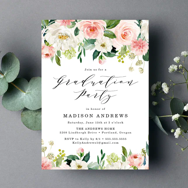 Elegant Blush Floral Graduation Party Invitation | Zazzle