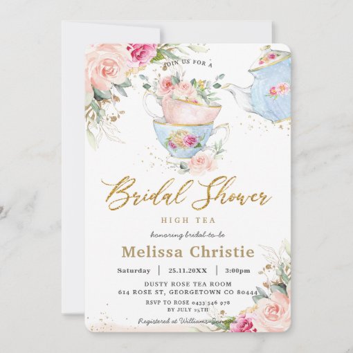 Elegant Blush Floral High Tea Party Bridal Shower Invitation | Zazzle