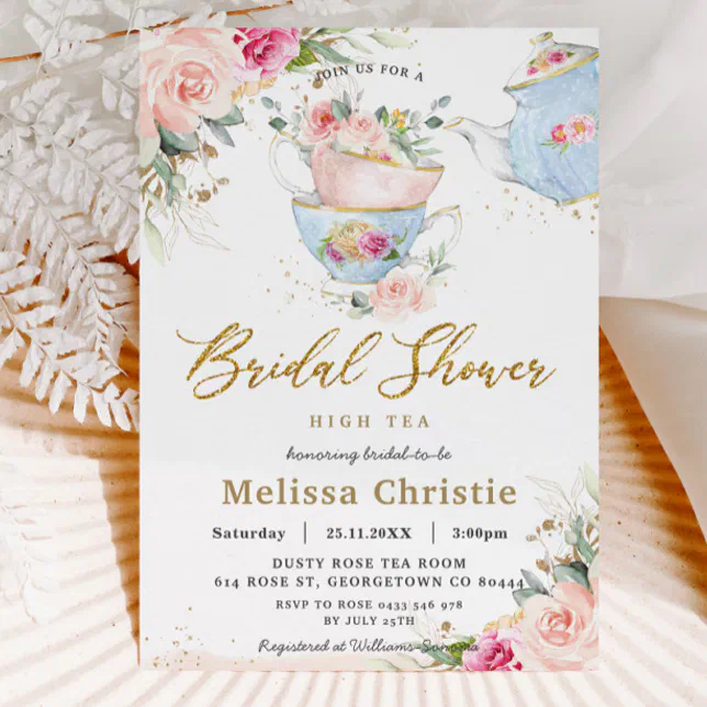 Elegant Blush Floral High Tea Party Bridal Shower Invitation | Zazzle