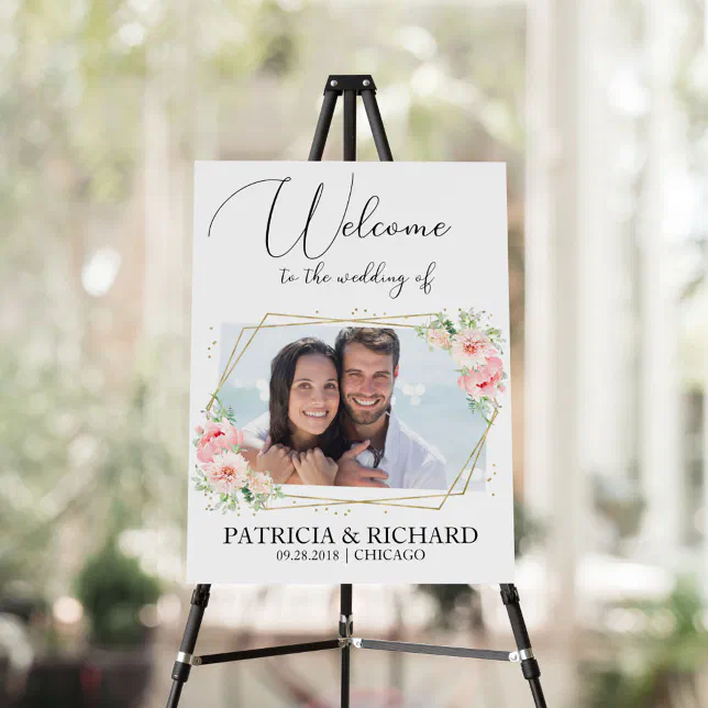 Elegant Blush Floral Photo Wedding Welcome Sign | Zazzle