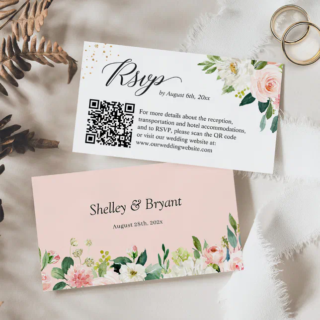 Elegant Blush Floral Wedding Website RSVP QR Code Enclosure Card | Zazzle