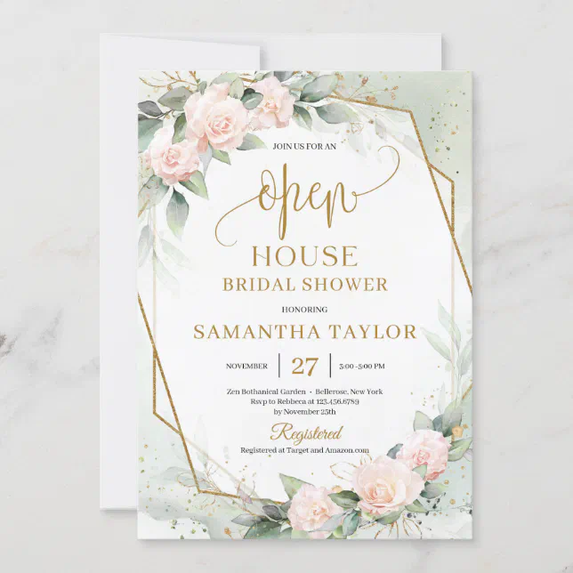 Elegant blush flowers eucalyptus gold Open House Invitation | Zazzle