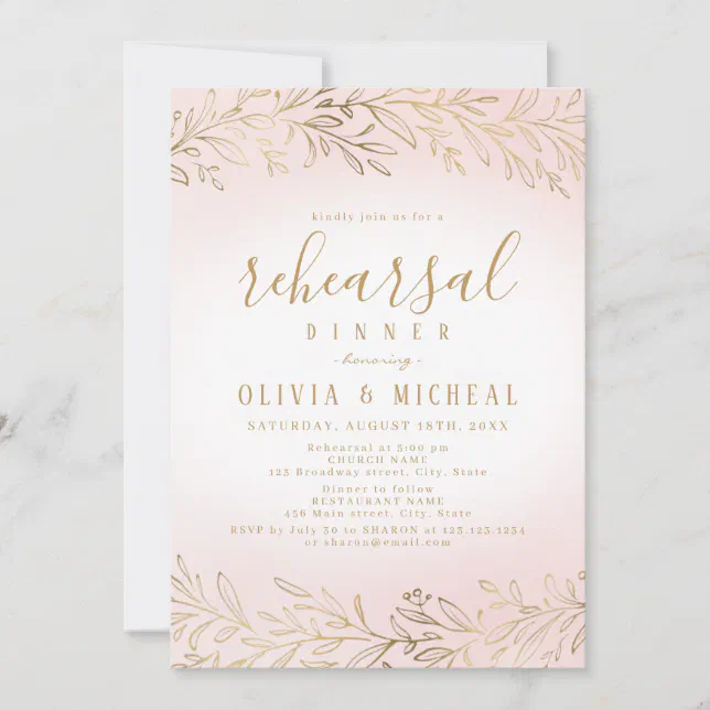 Elegant blush gold botanical rehearsal dinner invitation | Zazzle