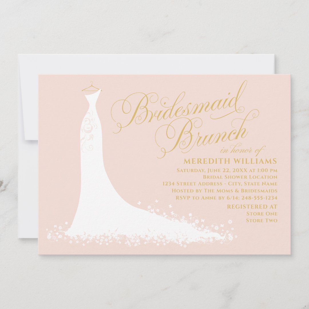 Elegant Blush Gold Wedding Gown Bridesmaid Brunch Invitation | Zazzle