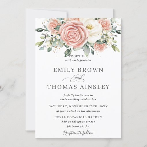 Elegant Blush Ivory Floral Roses Flowers Wedding Invitation | Zazzle