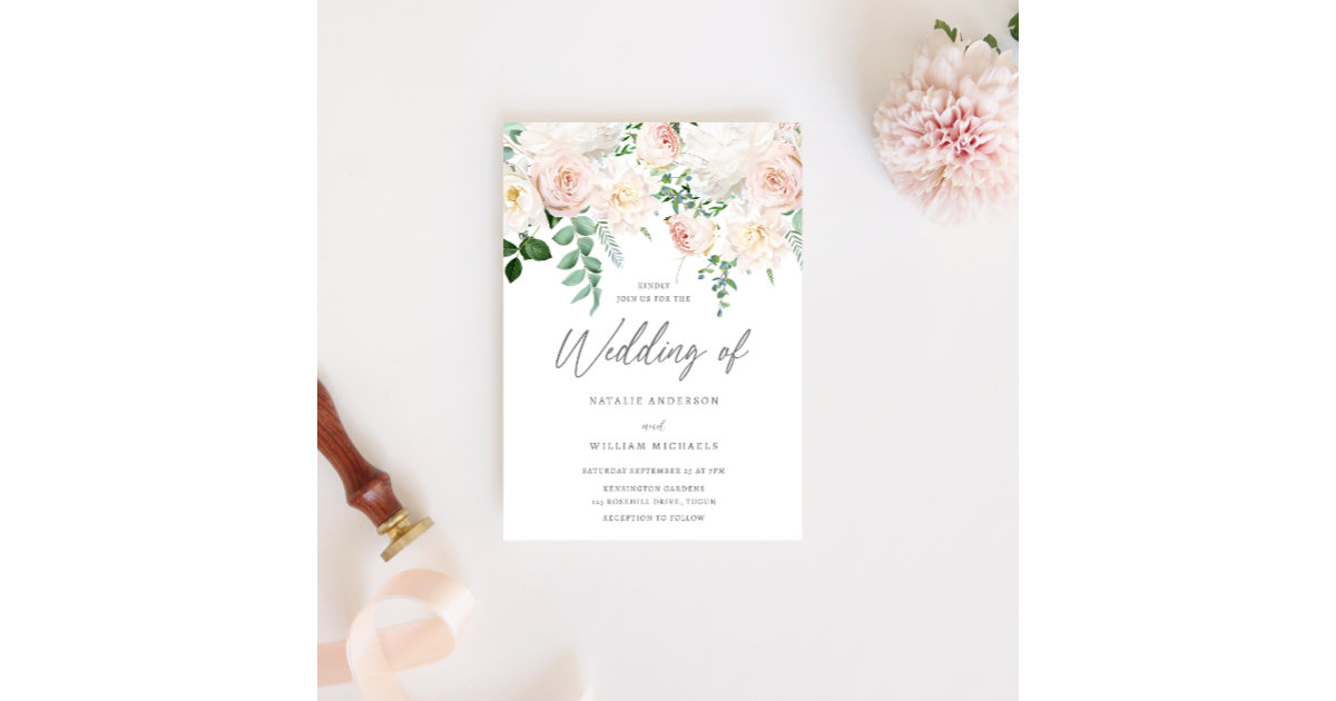 Elegant Blush & Ivory White Floral Wedding Invitation | Zazzle