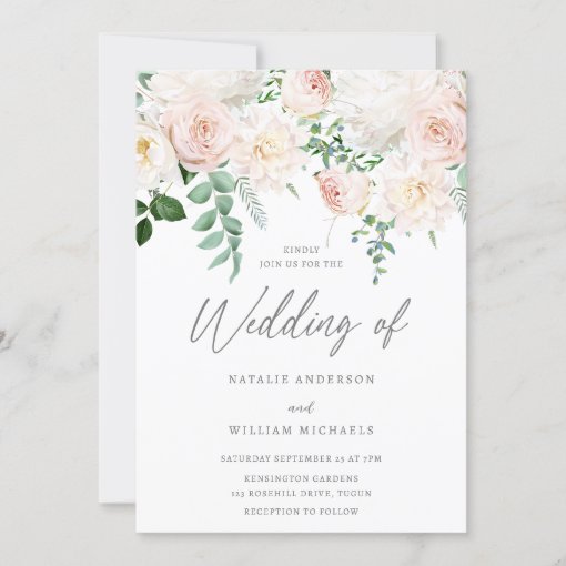 Elegant Blush & Ivory White Floral Wedding Invitation | Zazzle
