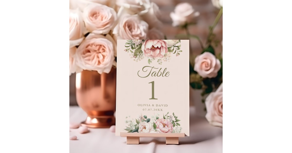 Elegant Blush & Peach Floral Table Number | Zazzle