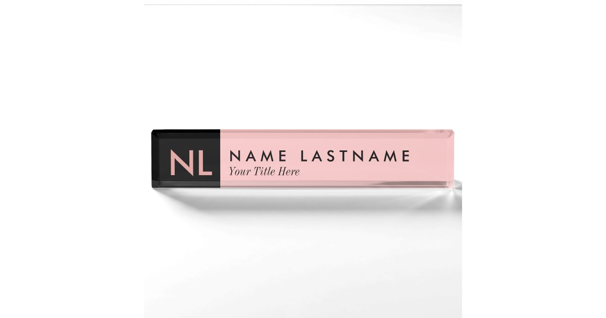 Elegant Blush Pink Black Monogram Desk Nameplate | Zazzle