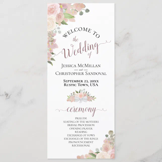 Elegant Blush Pink Boho Watercolor Floral Wedding Program | Zazzle
