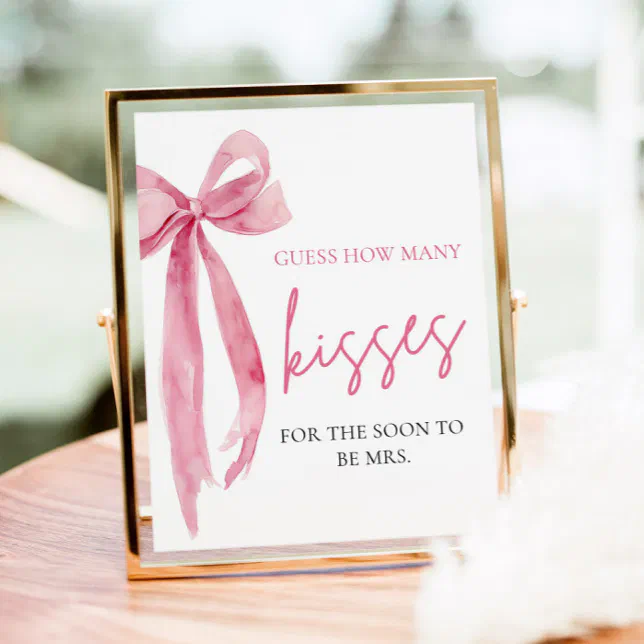Elegant Blush Pink Bow Guess How Many Kisses Game Poster | Zazzle