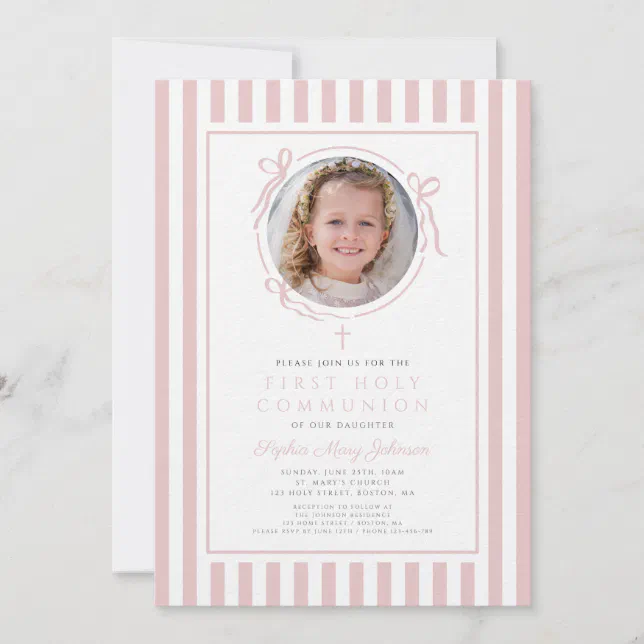 Elegant Blush Pink Bow Photo Girl First Communion Invitation | Zazzle