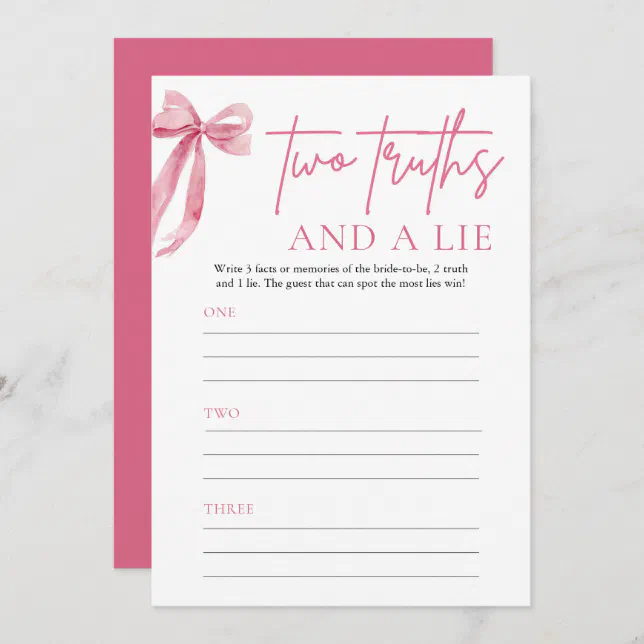Elegant Blush Pink Bow Two Truths and a Lie Game Invitation | Zazzle