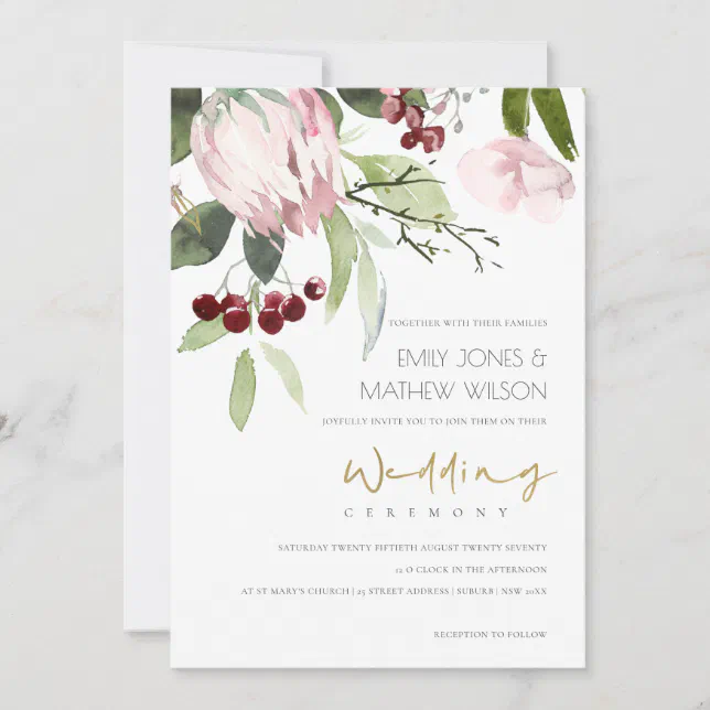 ELEGANT BLUSH PINK BURGUNDY PROTEA FLORAL WEDDING INVITATION | Zazzle