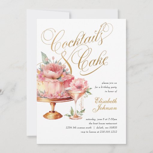 Elegant Blush Pink Cocktails and Cake Birthday Invitation | Zazzle