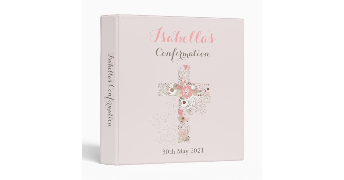 Elegant blush pink confirmation floral cross name 3 ring binder | Zazzle