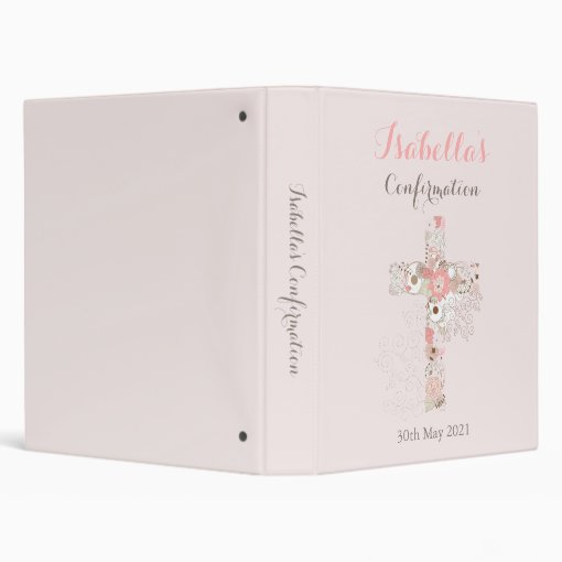 Elegant blush pink confirmation floral cross name 3 ring binder | Zazzle