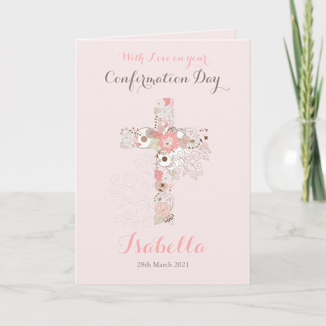Elegant blush pink confirmation floral cross name card | Zazzle