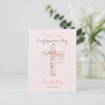 Elegant blush pink confirmation floral cross name postcard | Zazzle