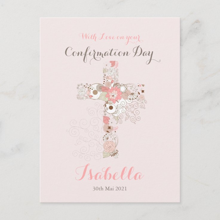 Elegant blush pink confirmation floral cross name postcard | Zazzle