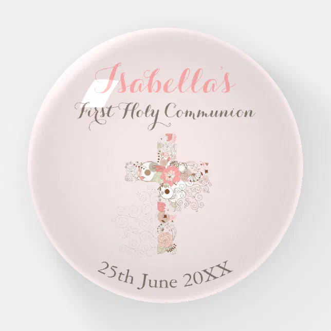 Elegant blush pink first communion floral cross p paperweight | Zazzle