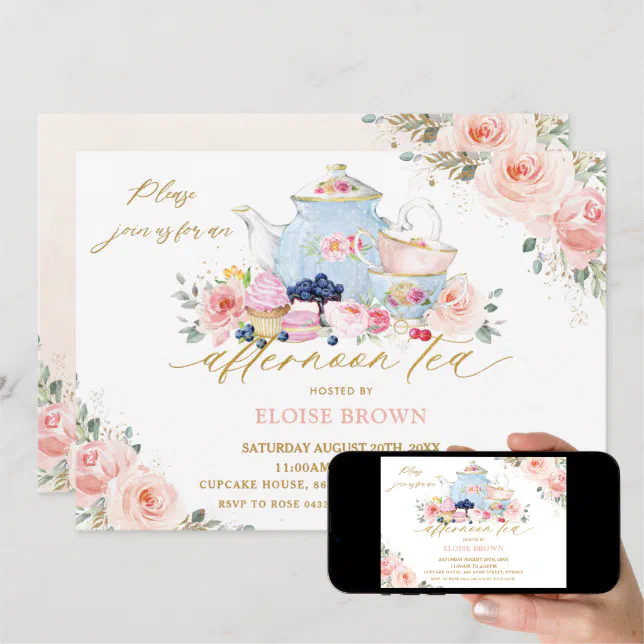 Elegant Blush Pink Floral Afternoon Tea Party Invitation | Zazzle