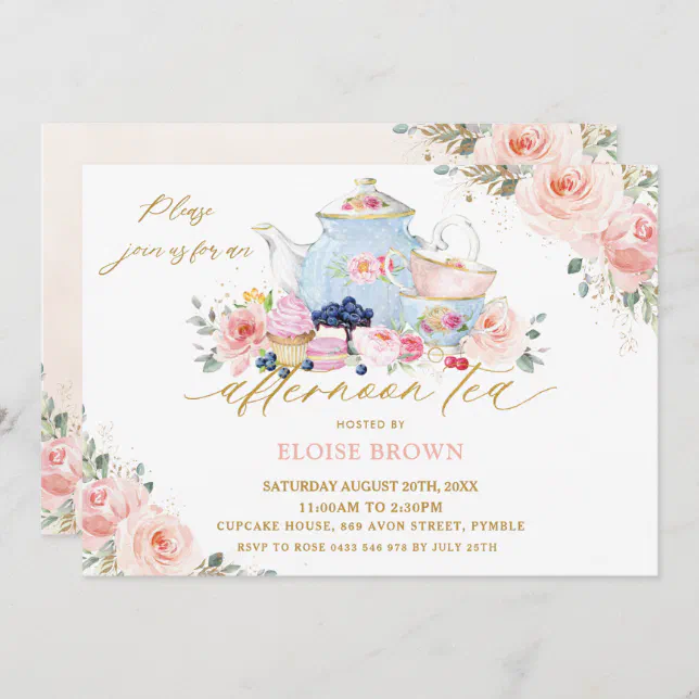Elegant Blush Pink Floral Afternoon Tea Party Invitation | Zazzle