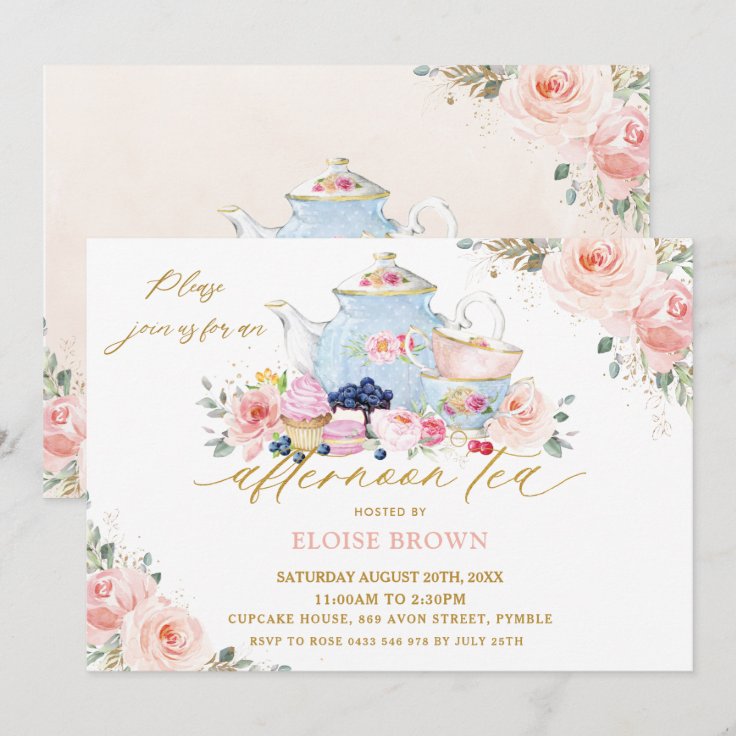 Elegant Blush Pink Floral Afternoon Tea Party Invitation | Zazzle