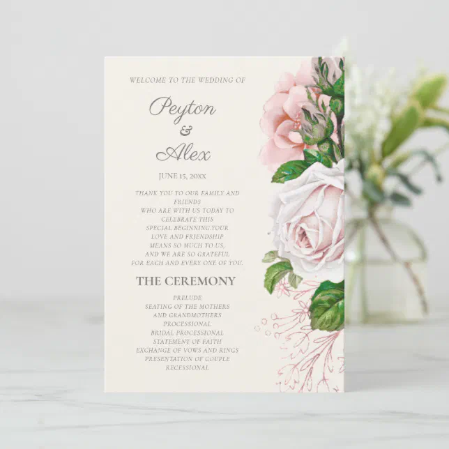 Elegant Blush Pink Floral Cream Wedding Program | Zazzle