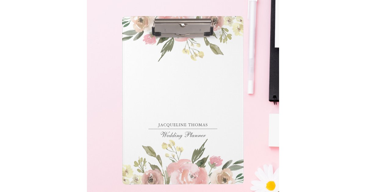 Elegant Blush Pink Floral Custom Wedding Planner Clipboard | Zazzle