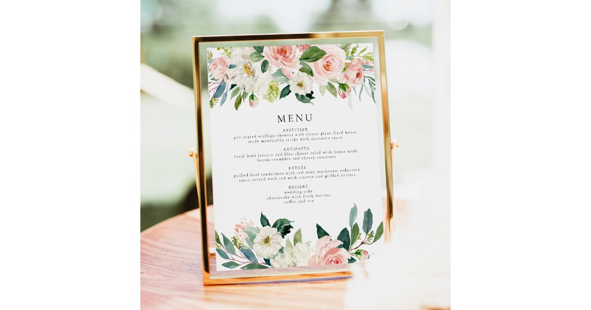 Elegant Blush Pink Floral Dinner Menu Sign | Zazzle
