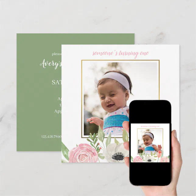 Elegant Blush Pink Floral Frame Baby 1st Birthday Invitation | Zazzle